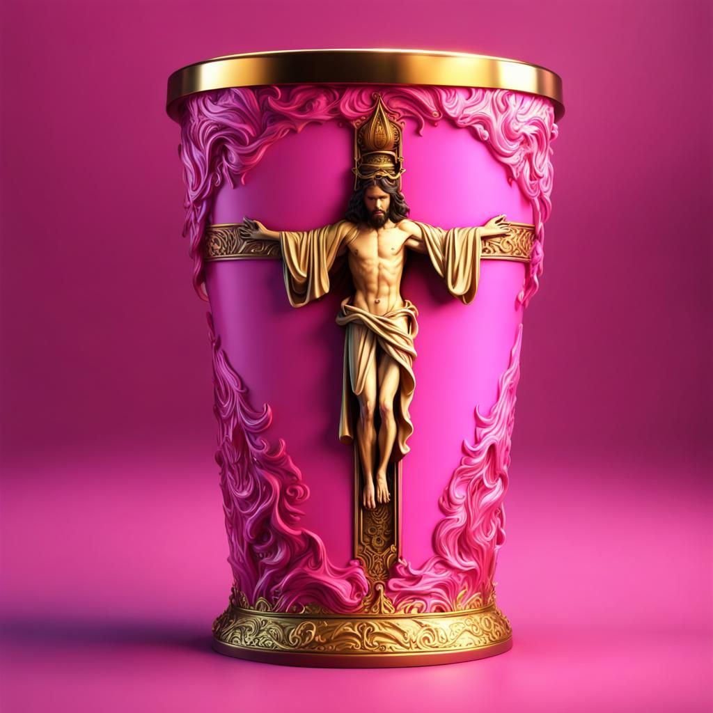 pink jesus image on a gold pimp cup lined with pink fur - AI Generated ...