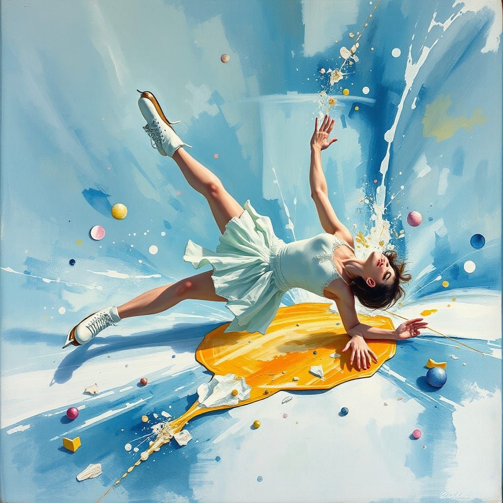 Dramatic Figure Skater Falls on Ice in a Maximalis... - AI Art