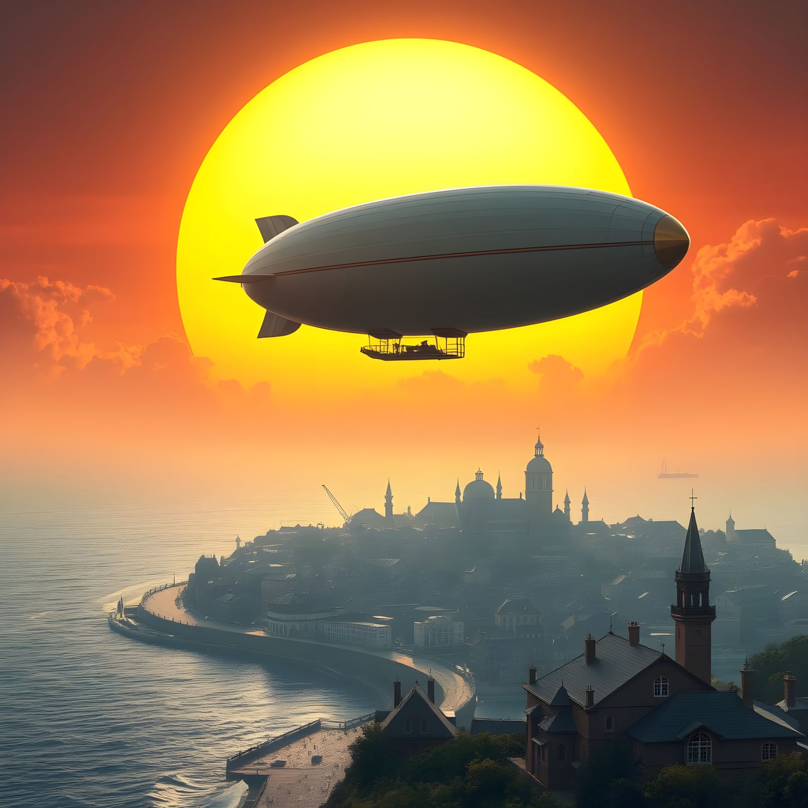 Huge sunset over futuristic Victorian seaside town, dirigible in the ...