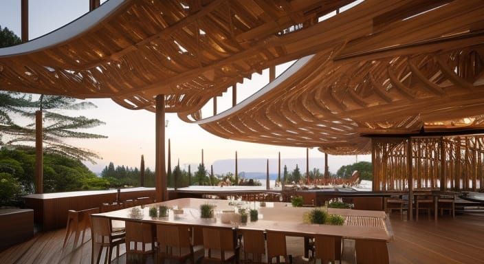 elegant restaurant by kenzo kuma - AI Generated Artwork - NightCafe Creator