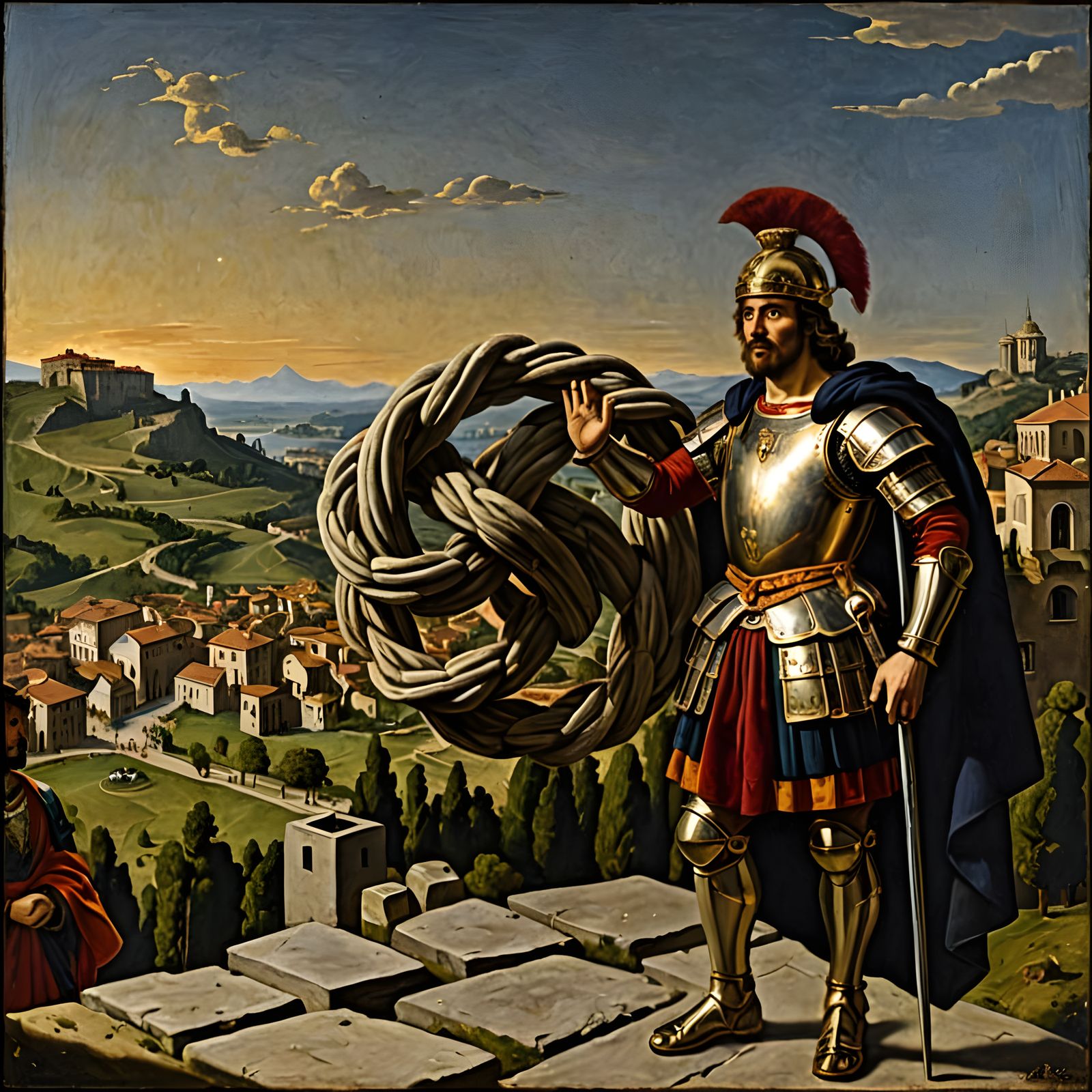 Alexander the Great standing triumphantly beside the Gordion Knot