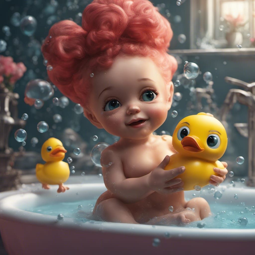 Kewpie doll sitting in a bubble bath playing with a rubber duck - AI ...