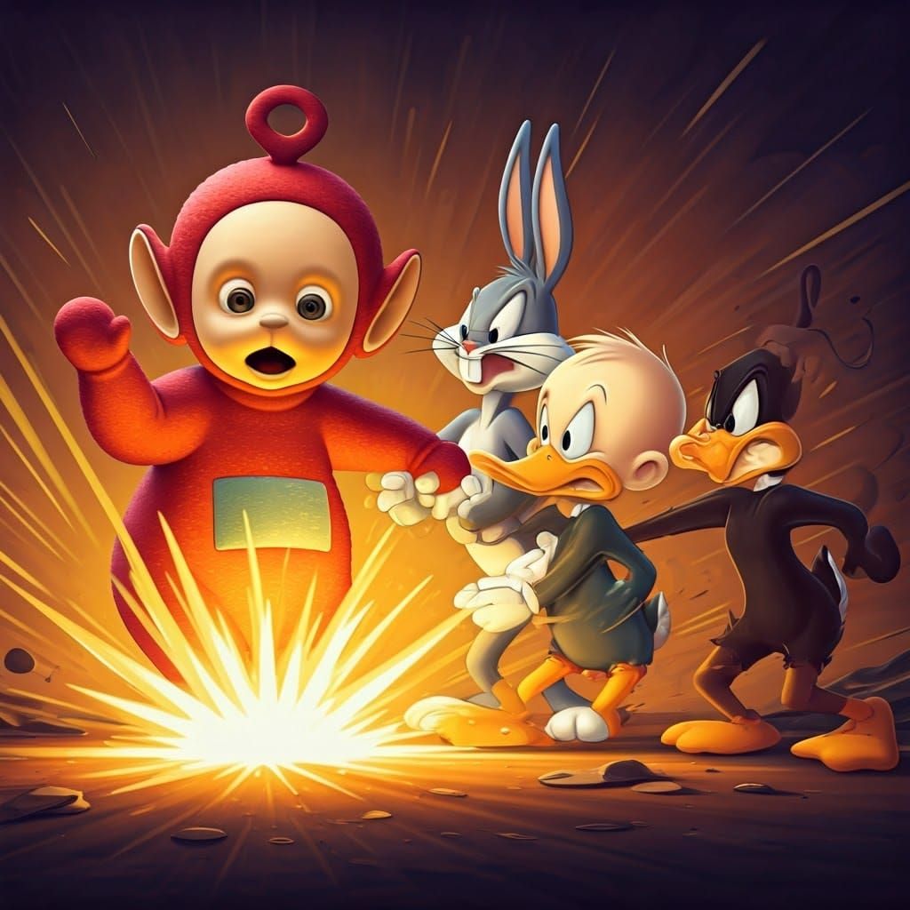 Teletubby Faces Explosion with Furious Looney Tune... - AI Art