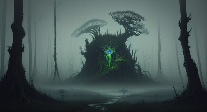 Mysterious Swamp Trail in Dark Fantasy Style - AI Art