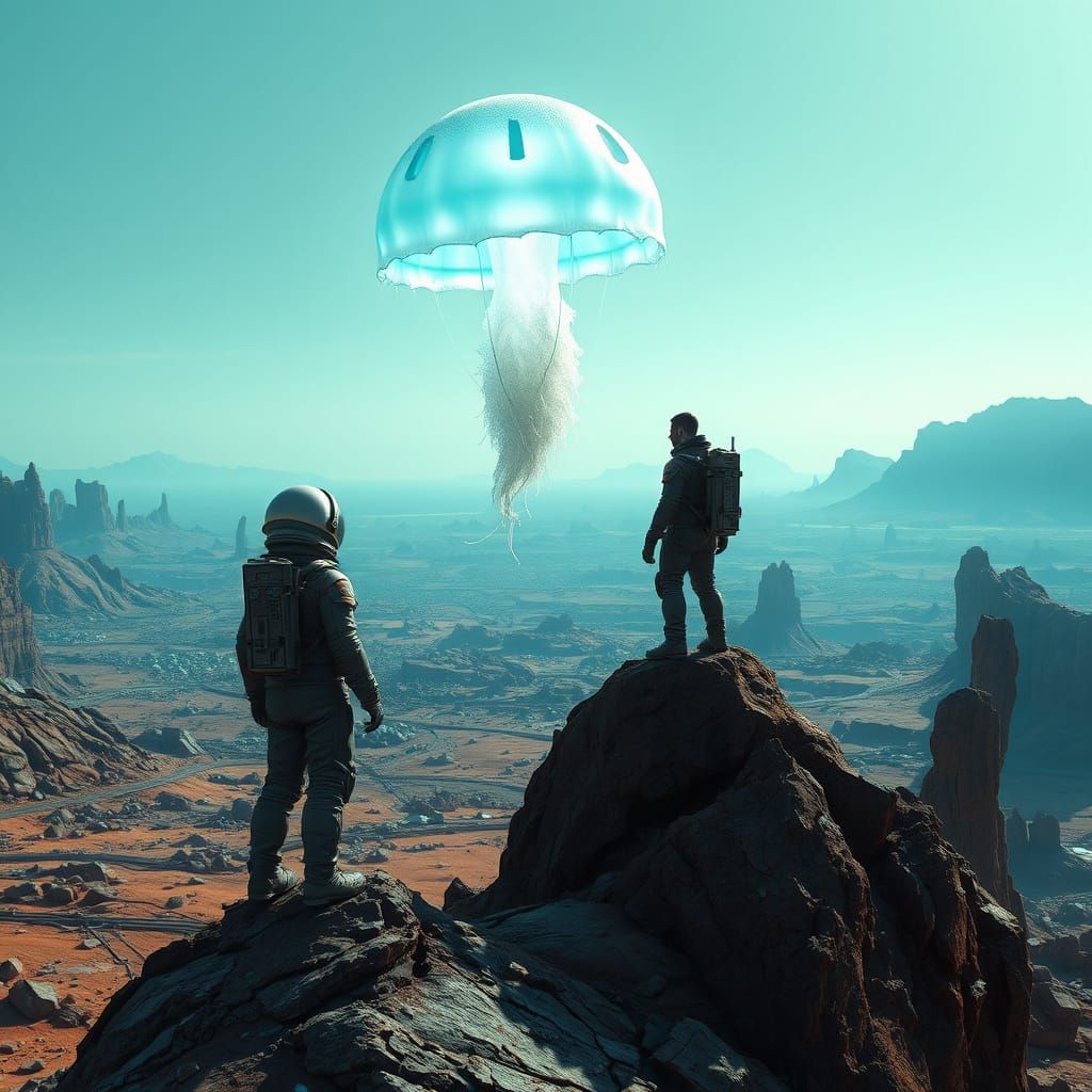 Astronaut Admires Cosmic Jellyfish on Alien Landsc... - AI Art