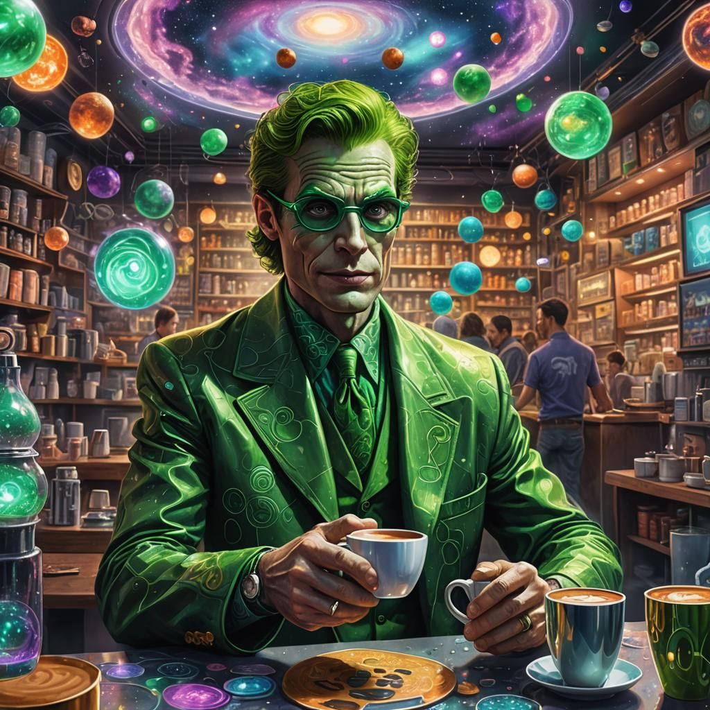 Cosmic riddler drinking coffee - AI Generated Artwork - NightCafe Creator