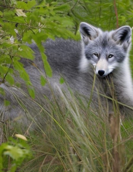 Silver Fox Playfully Hiding in the Grass - AI Generated Artwork ...