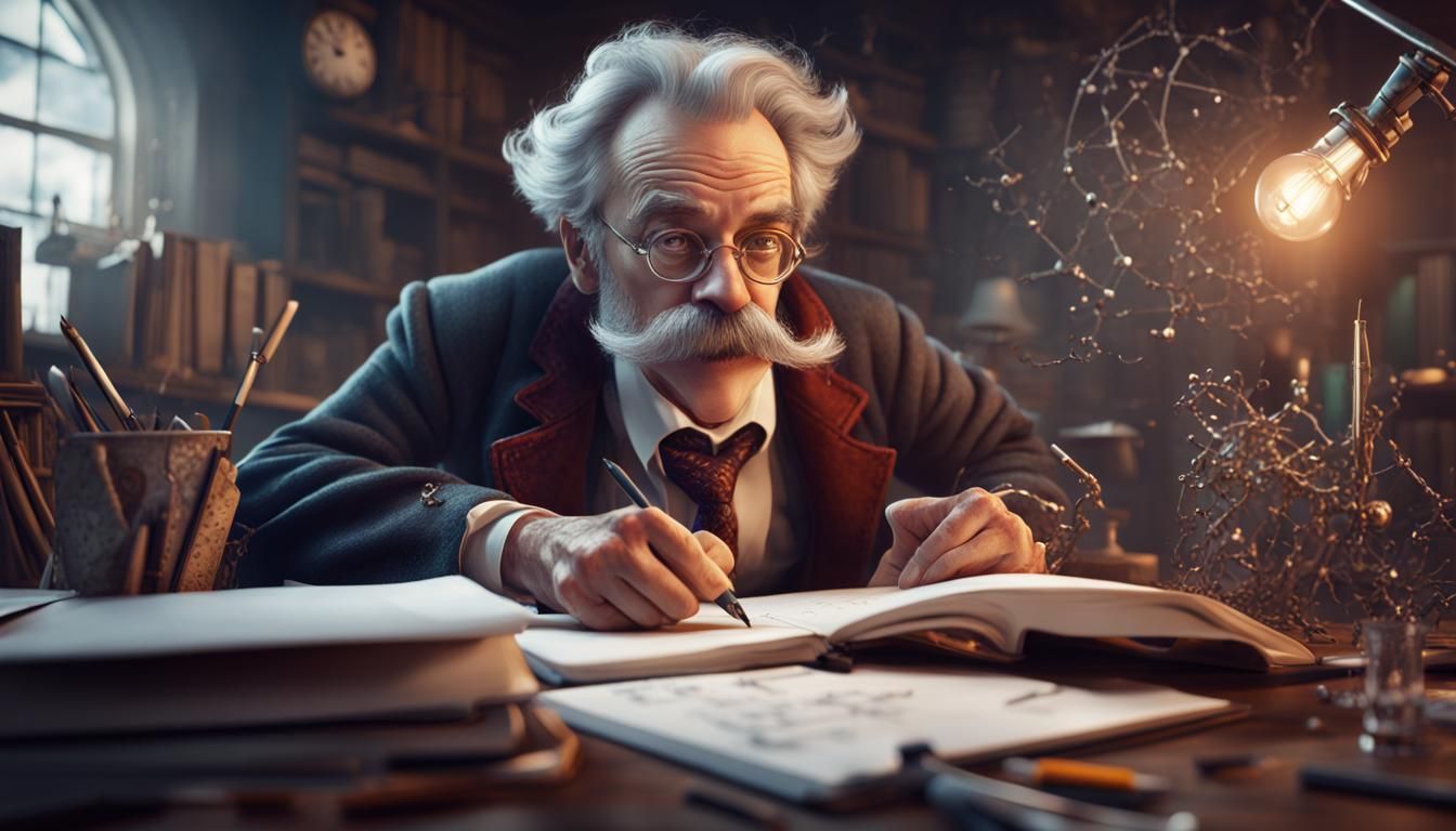 crazy professor with big mustache and silver glassess is passionately ...