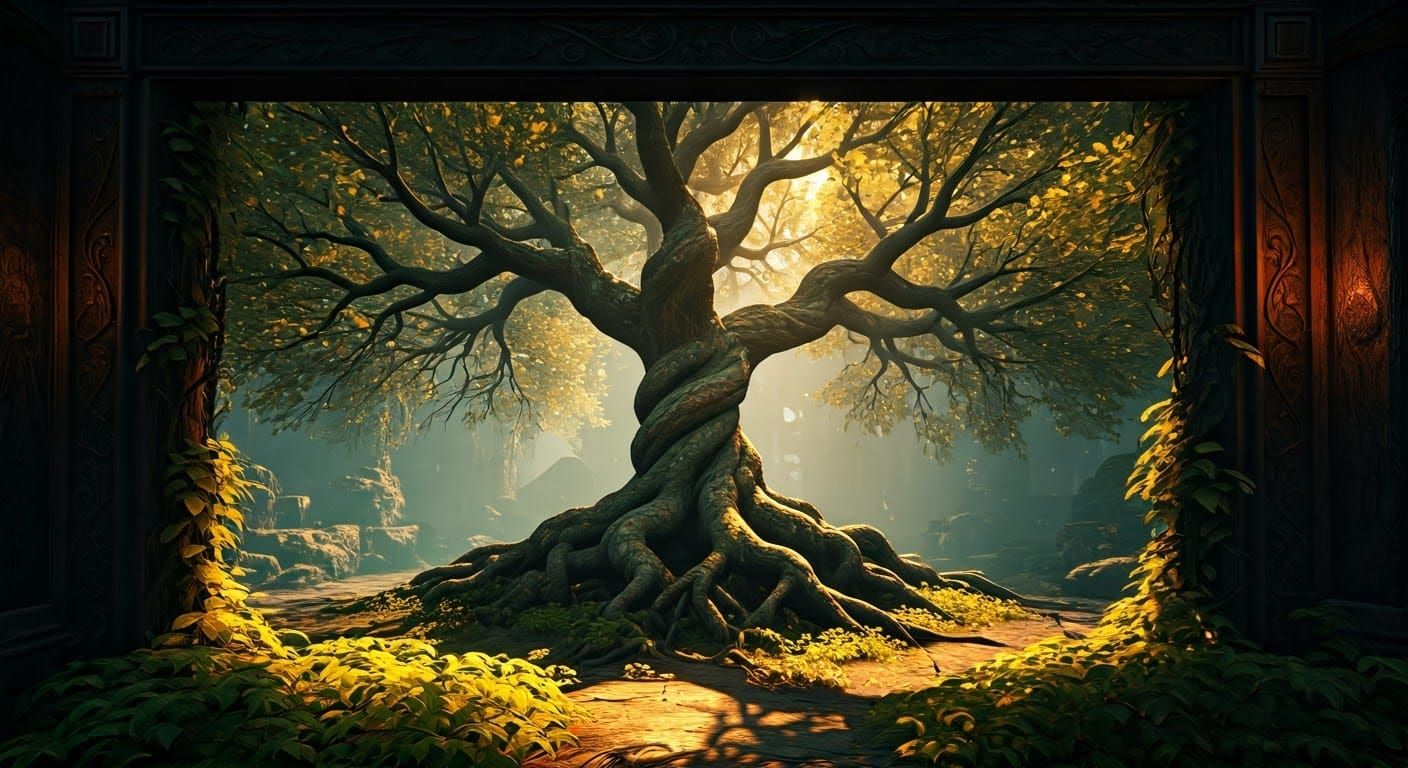 oak tree, deep in the forest - Mystical Oak Tree in a Gnarle...