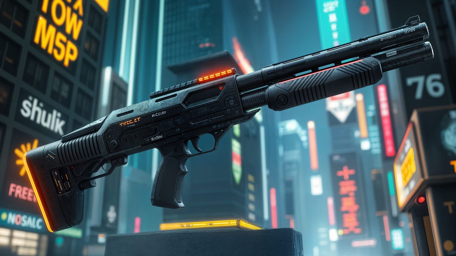 Sleek Cyberpunk Shotgun in Neon-Lit Urban Environm... - AI Art