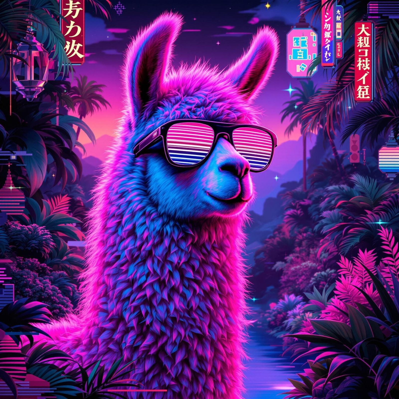Groovy Llama in Vaporwave Dreamscape - AI Art