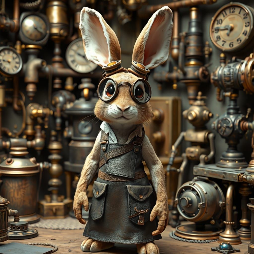 Steampunk Rabbit Inventor in Claymation Style Lab - AI Art