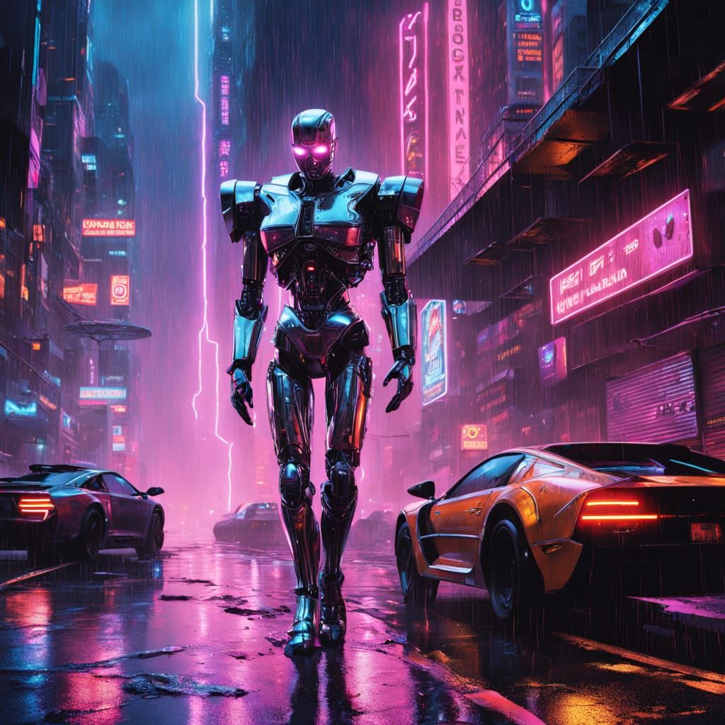 Cyberpunk Terminator T-1000 in Neon-Lit Cityscape - AI Art