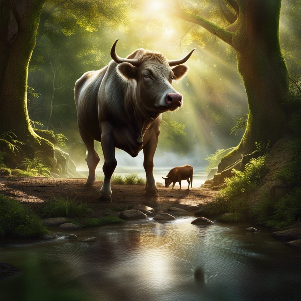 A forest with lots of sunlight and a river streaming nearby. A huge ...