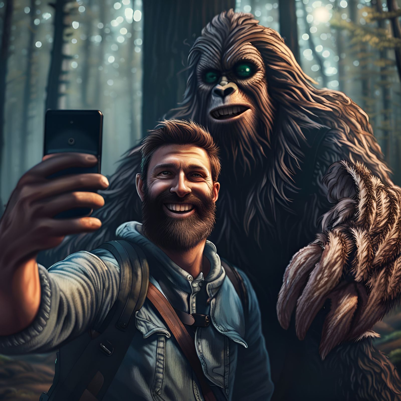 a selfie with bigfoot - AI Generated Artwork - NightCafe Creator