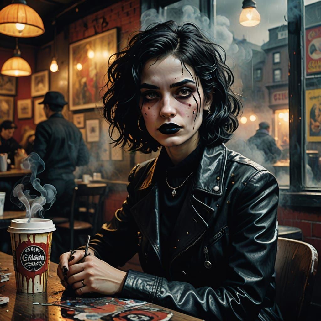 Goth Fashion Icon in Smoky Noir Cityscape - AI Art