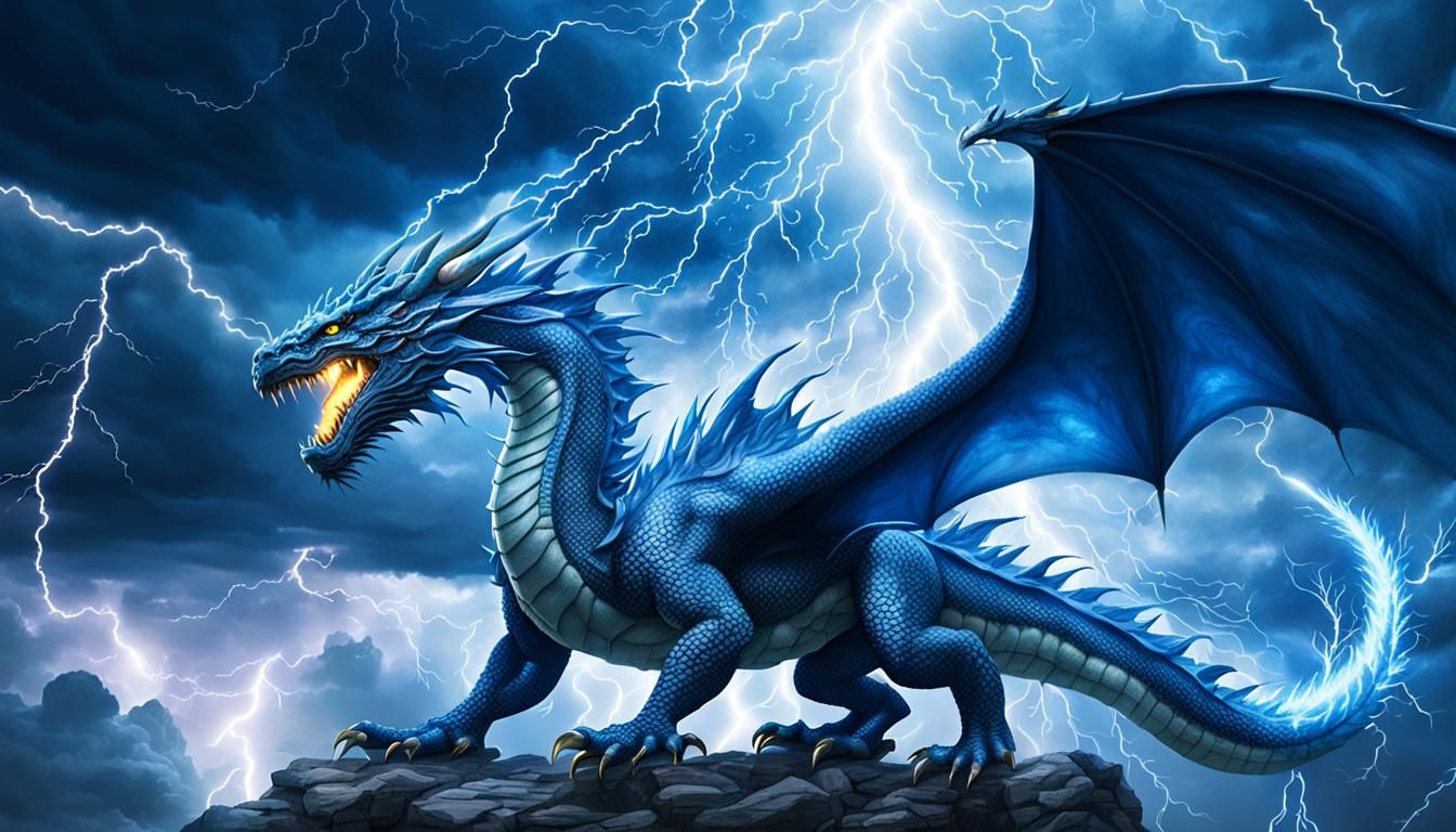 a whimsical cosmic blue dragon breathing lightning surrounded by ...