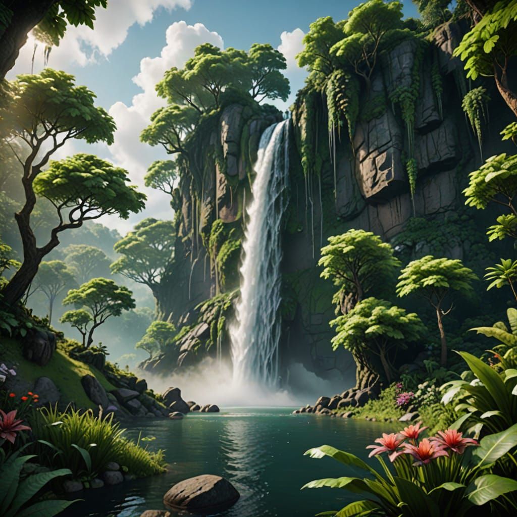 A very tall waterfall. - Whimsical Waterfall Scene in Epic 3...