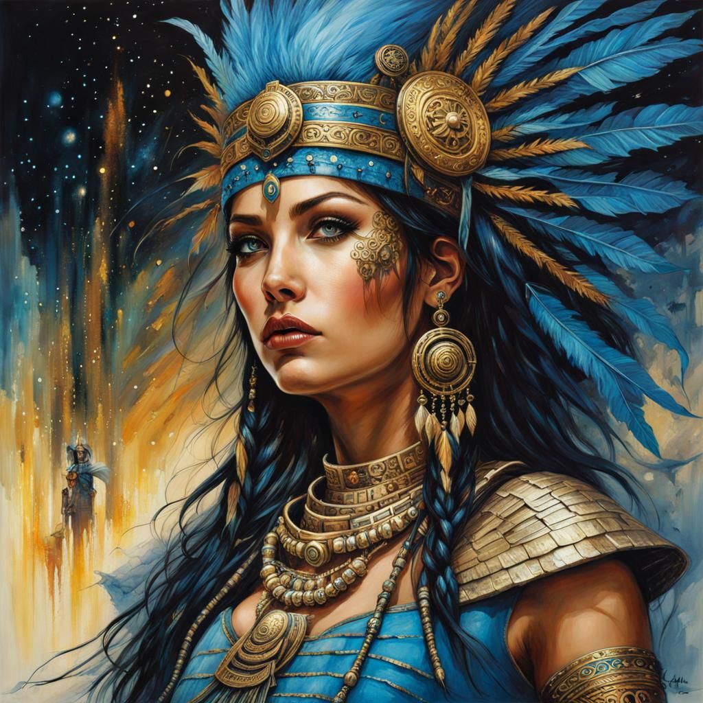 Beautiful Aztec princess in blue and gold warrior costume - AI ...
