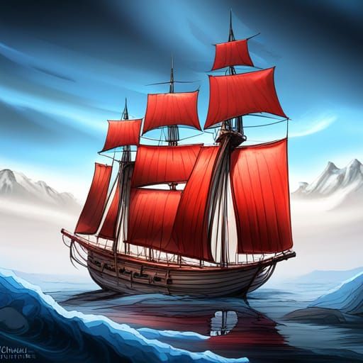 colour ink drawing of a seventy-two foot ketch in blue with red sails ...