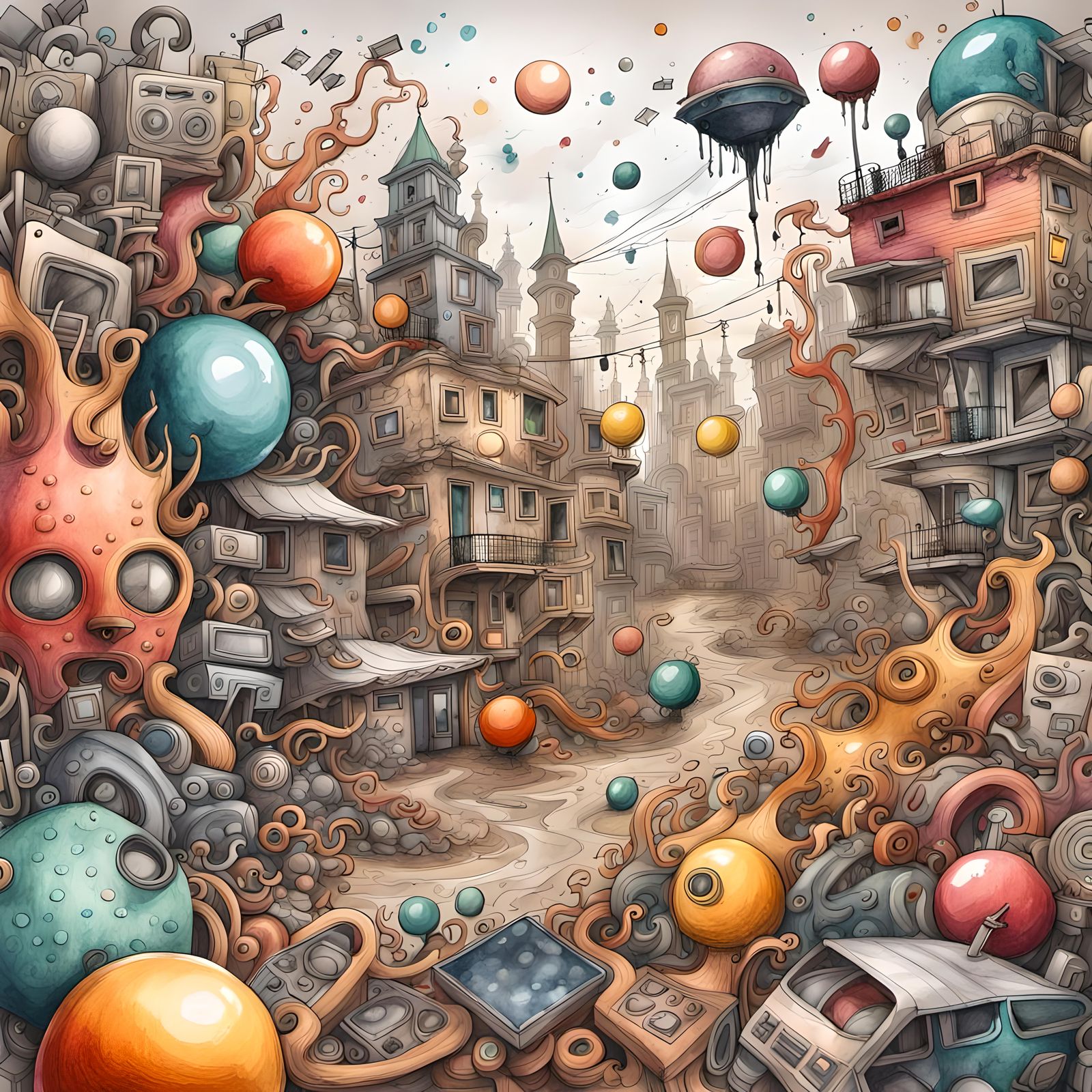 unrealistic chaotic scene complex photomontage random doodle drawings ...