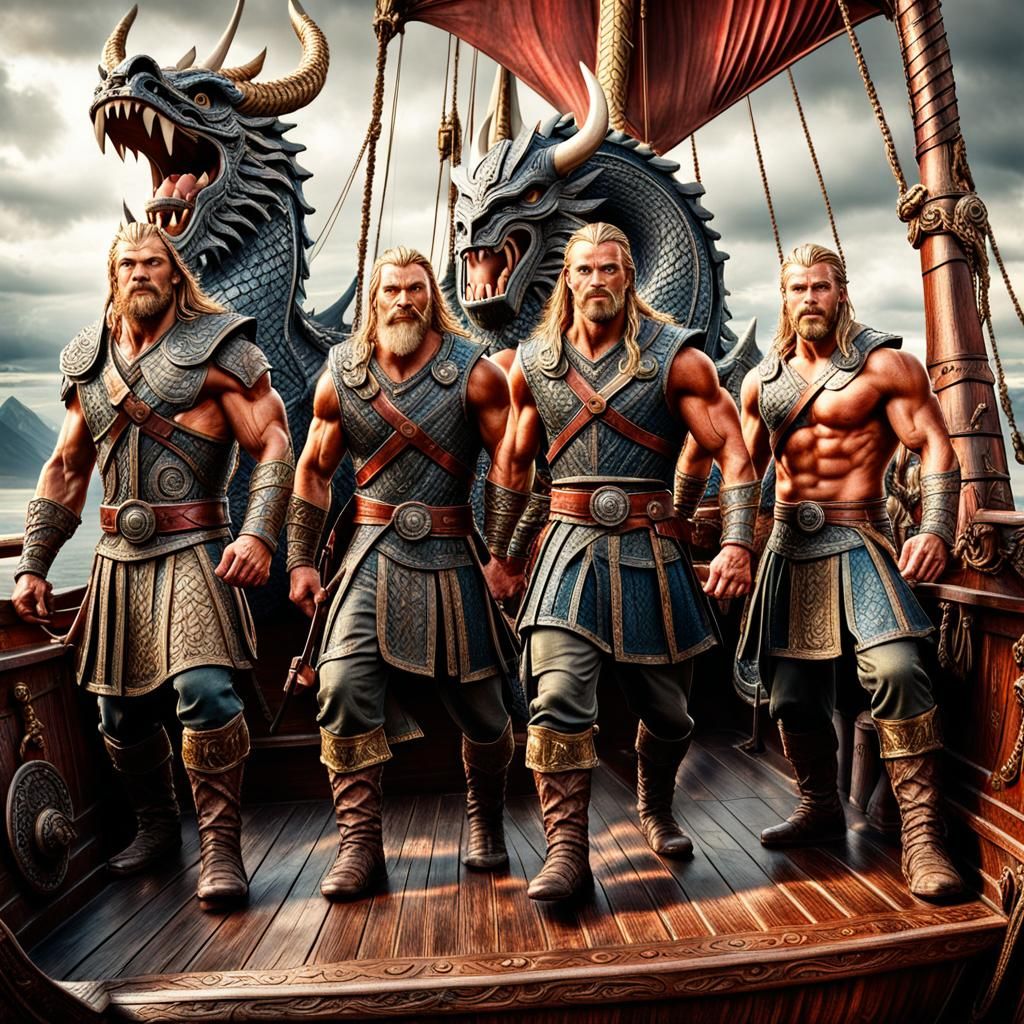 Thor and 4 muscular Vikings standing in a dragon ship. - AI Generated ...