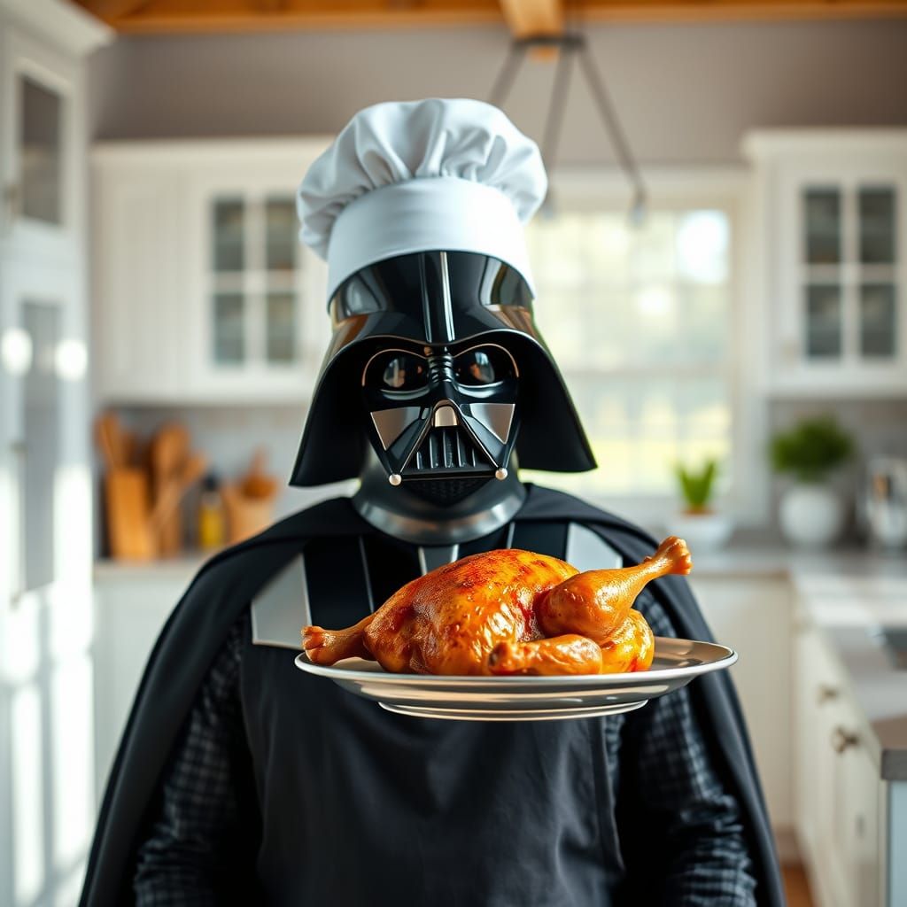 Darth Vader using his Force to take a roast chicken out