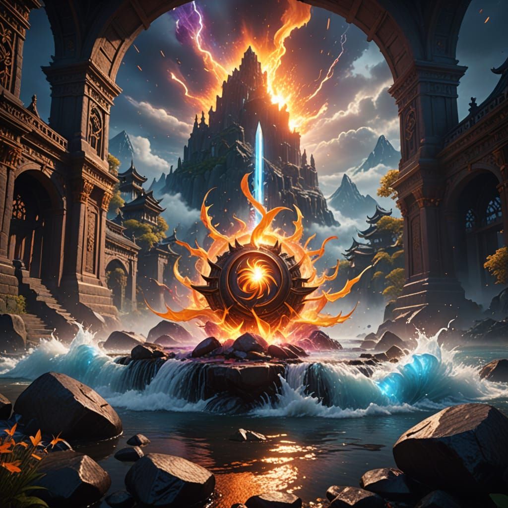 One water sword one fire sword one stone sword is making a huge explosion.