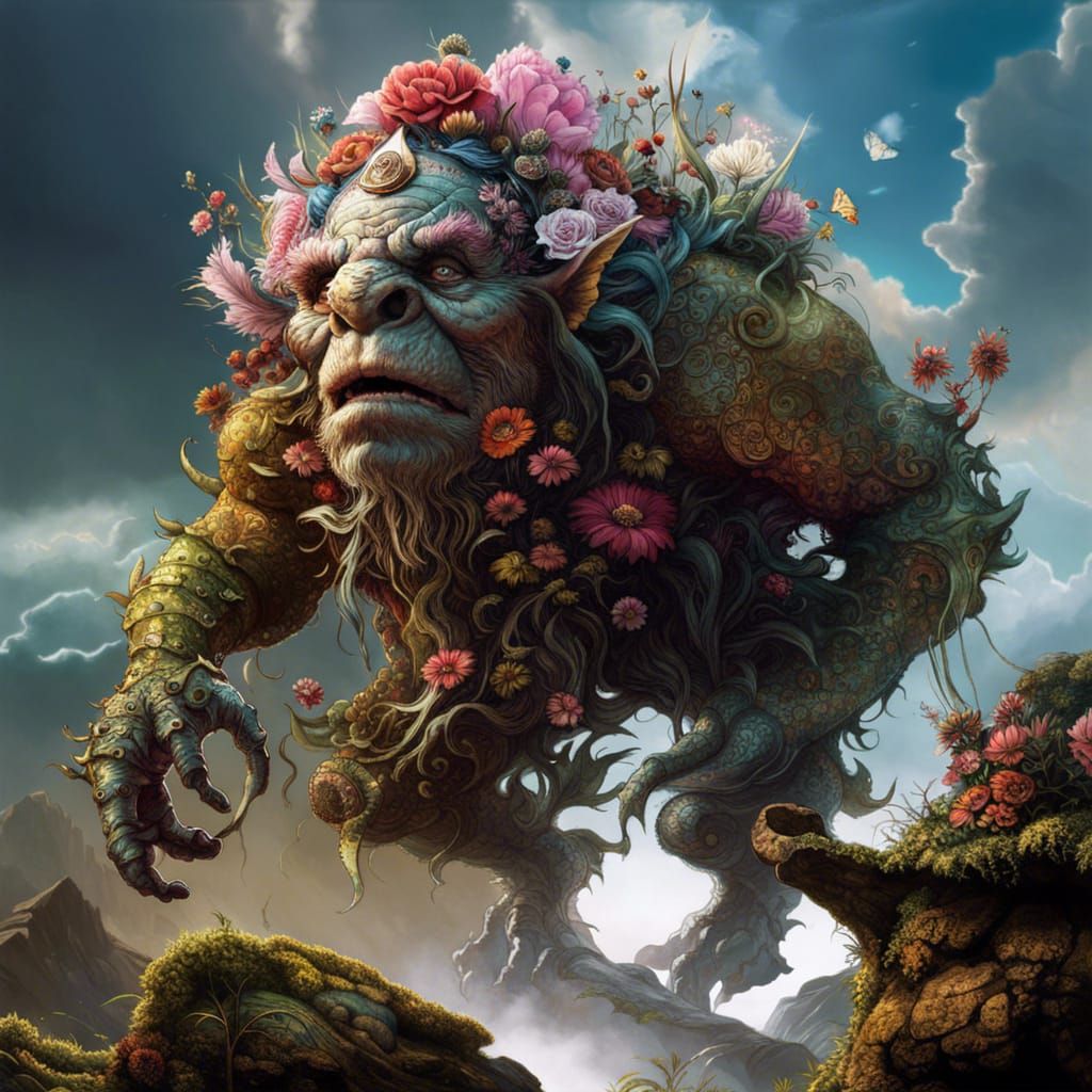 " intricate expressive giant grandfather flower troll!!" , A ...