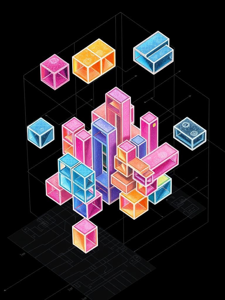 Surreal 3D Wireframe Tetris Diagram in Vibrant Cha... - AI Art