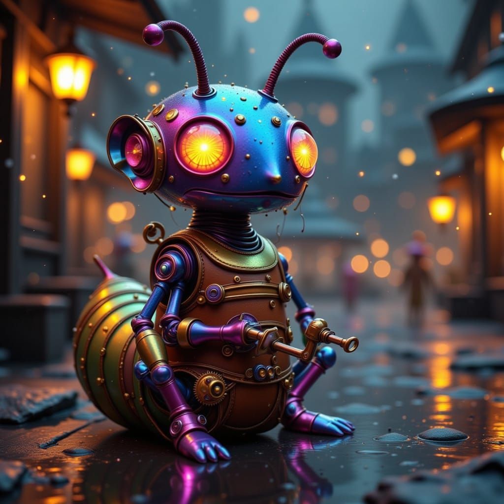 Rainbow Robotic Inchworm in Steampunk Cityscape - AI Art