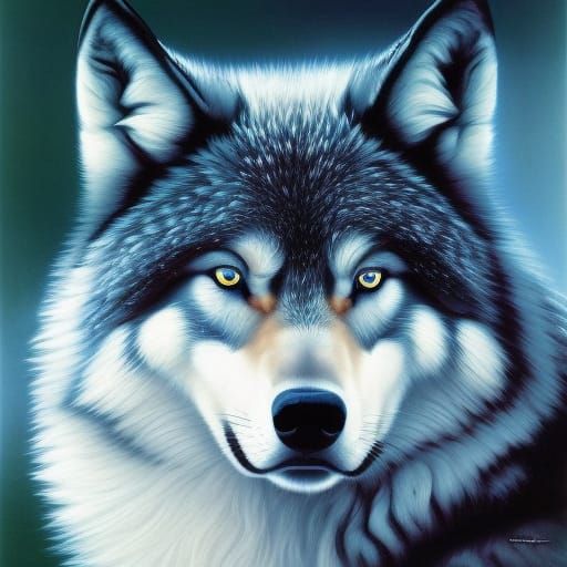Fantastical portrait of a mystical wolf, with piercing blue eyes and a ...