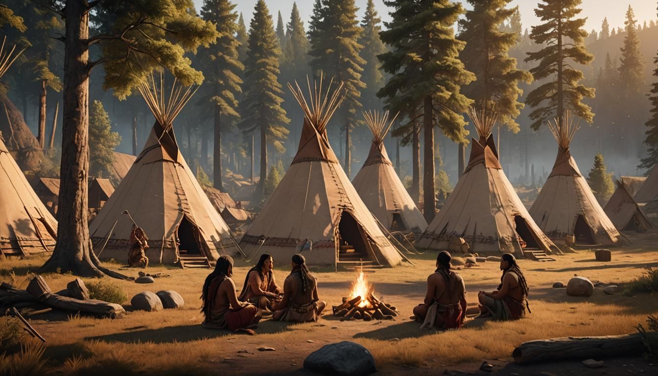 side view of an ancient native American village with 10 wigwams in ...