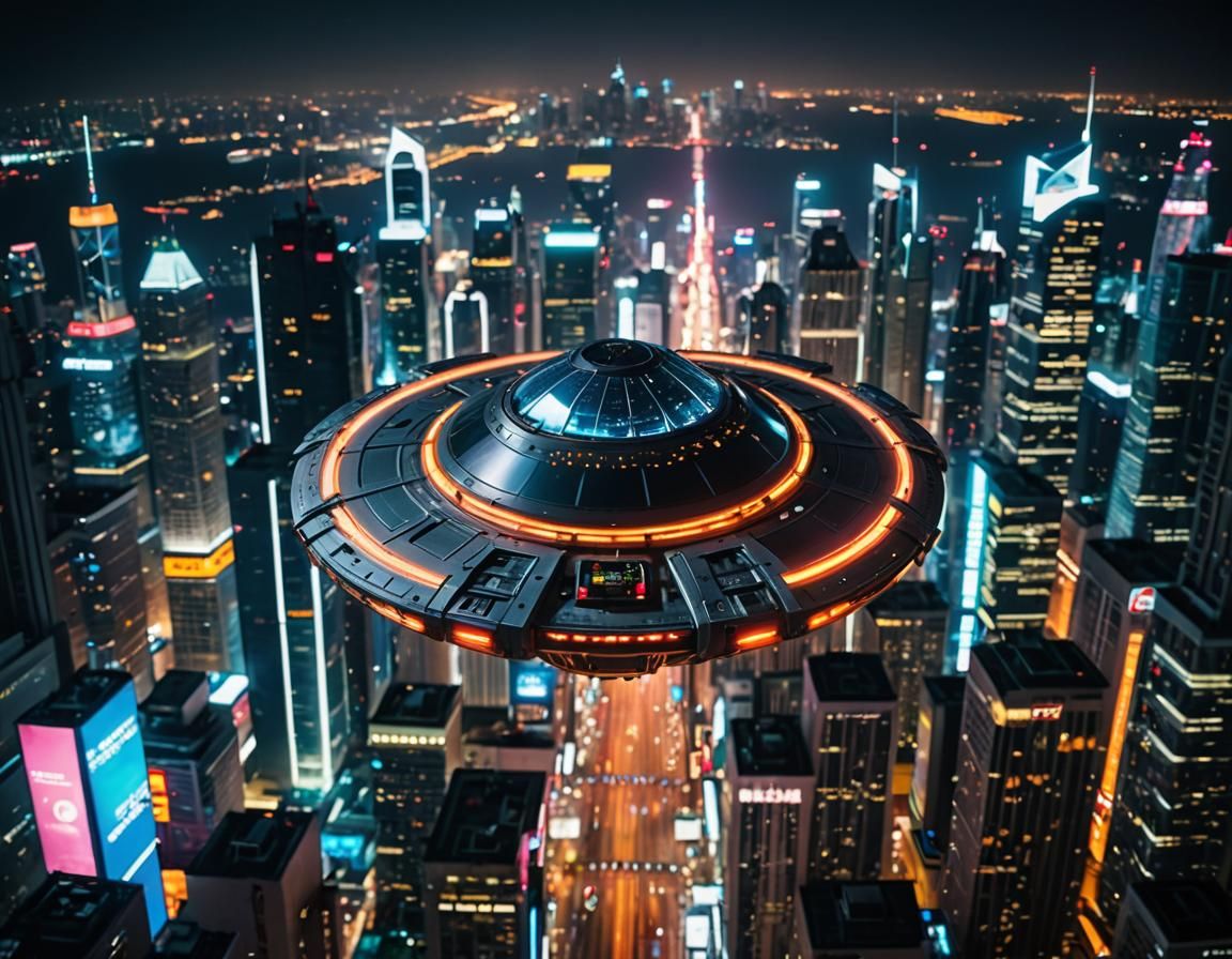 A spaceship warps into view above a neon-lit megacity, searchlights ...