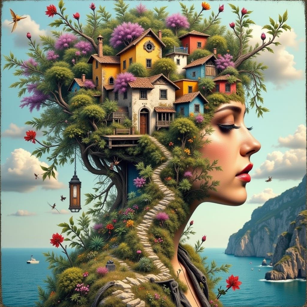 UNE Femme mystique composée d'éléments superposés de roches et d'arbres, sa tête est un ...