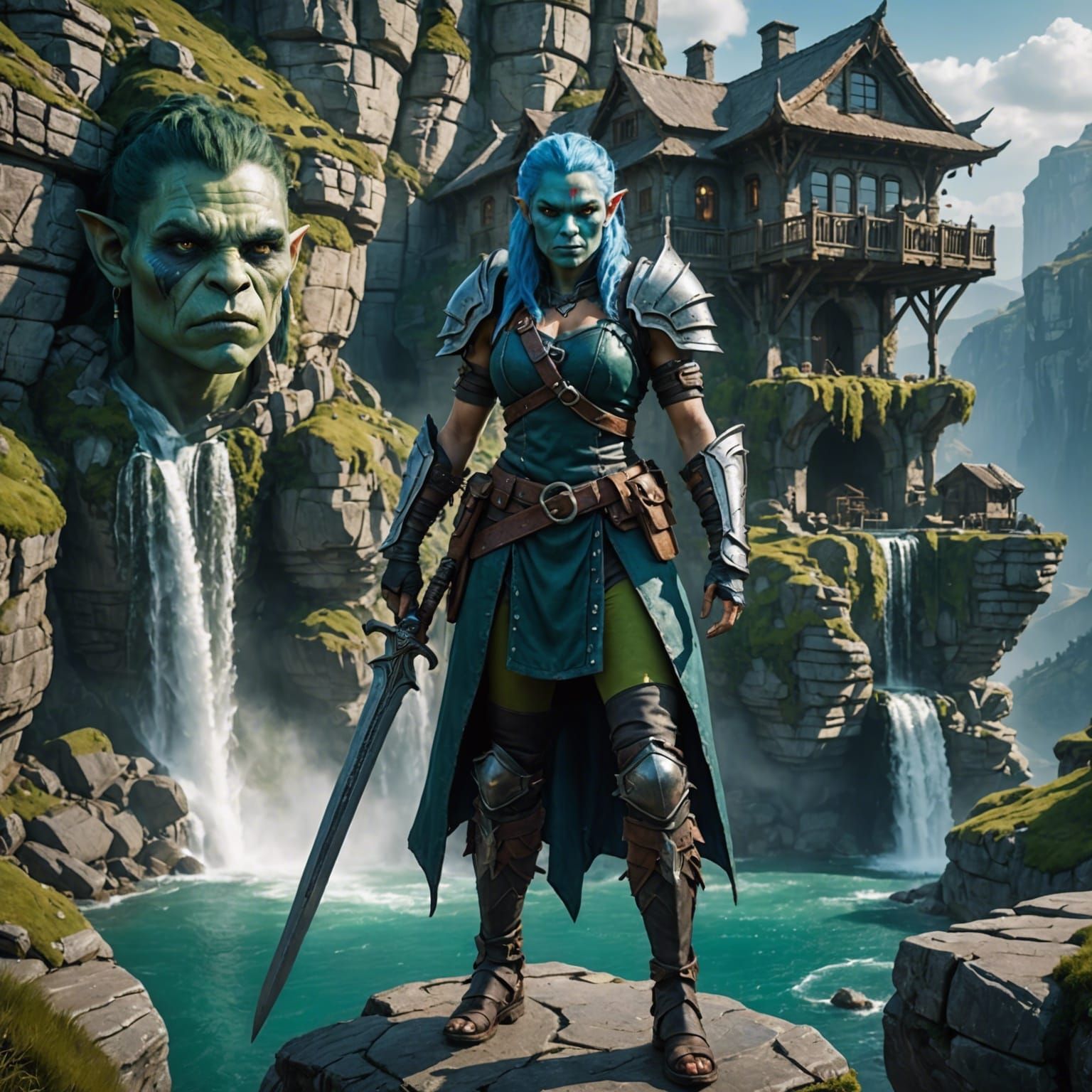 A fullbody portrait of a Female Orc Warrior with blue hair, green ...