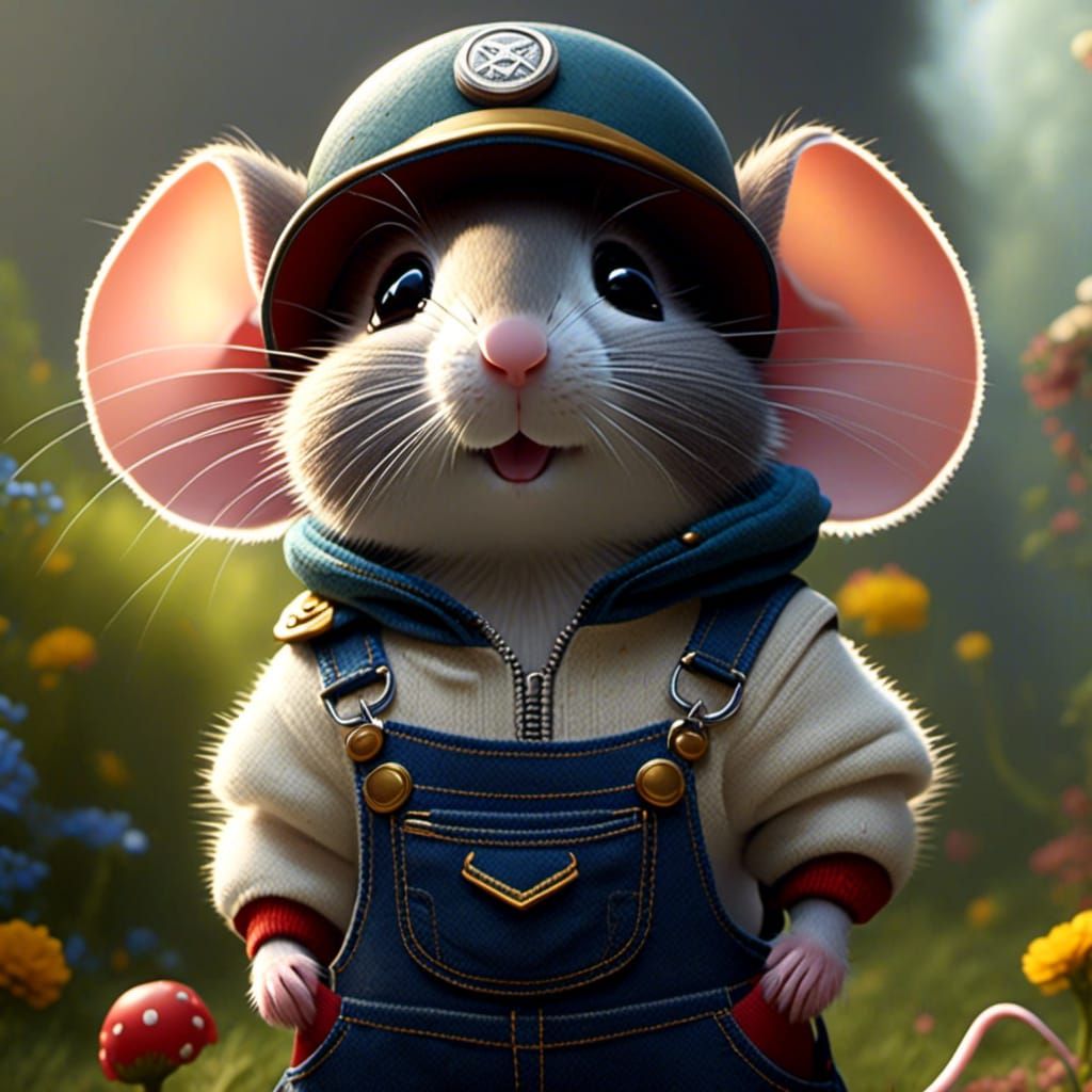 a close up of a mouse wearing overalls and a hat, a raytraced image, by Pixar, trending on ...