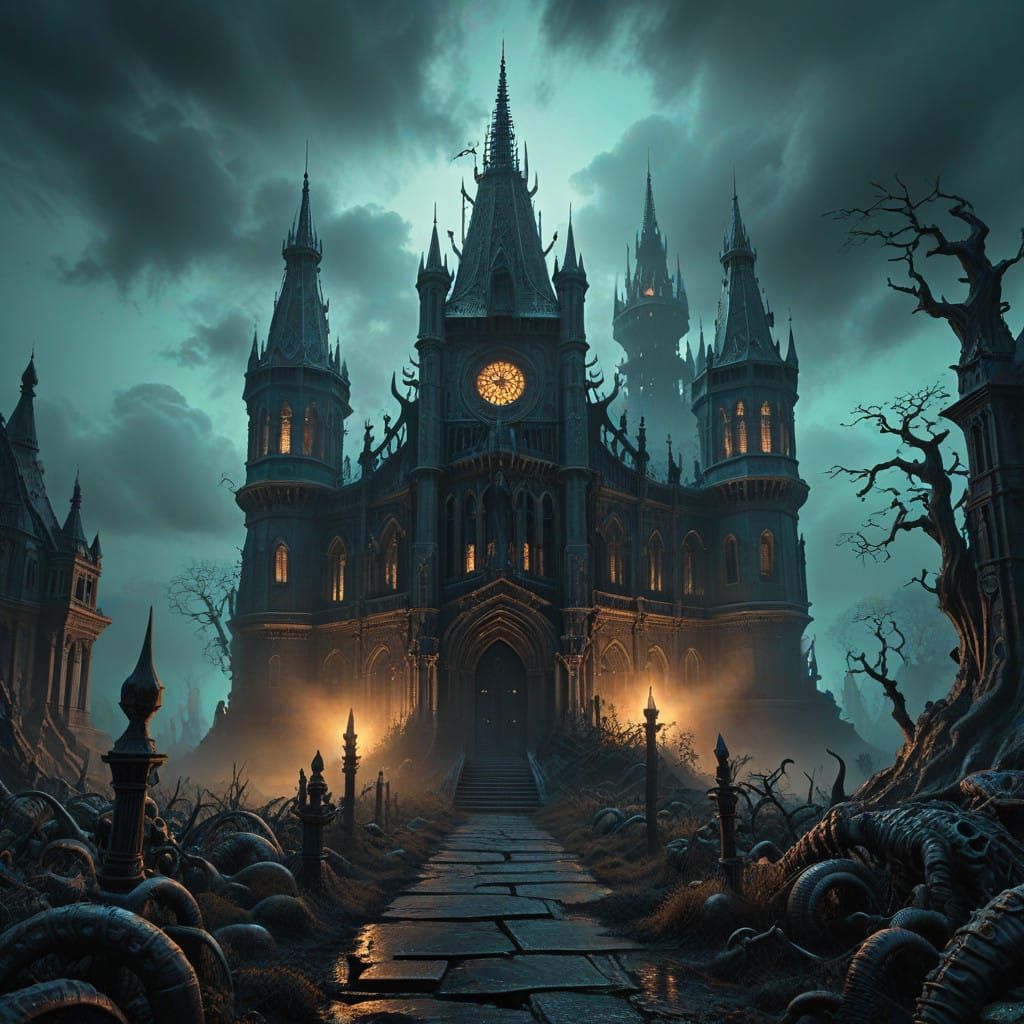 A hauntingly beautiful, dark surreal gothic landscape, shrouded in ...