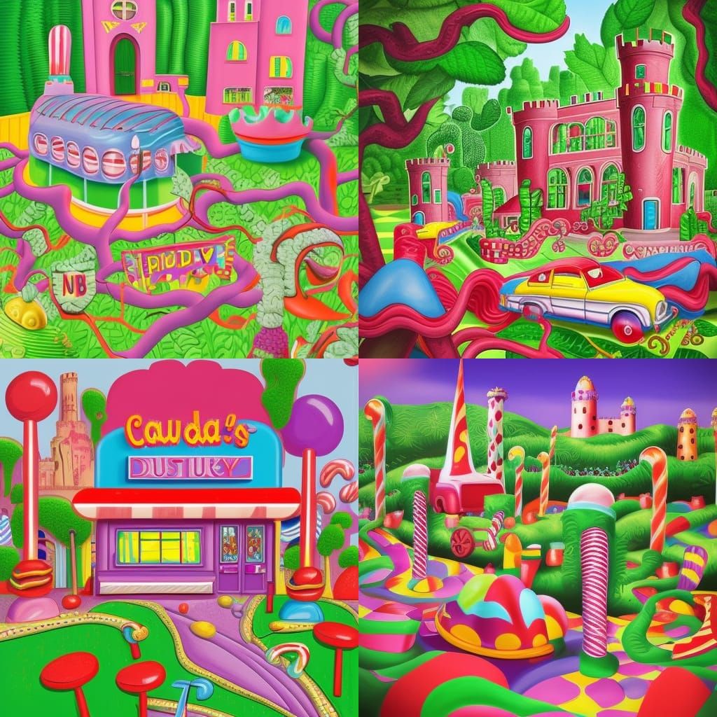 1950's Diner, Candy Land, Ruins of a medieval Castle, and Overgrown City Covered in Vines. - AI ...