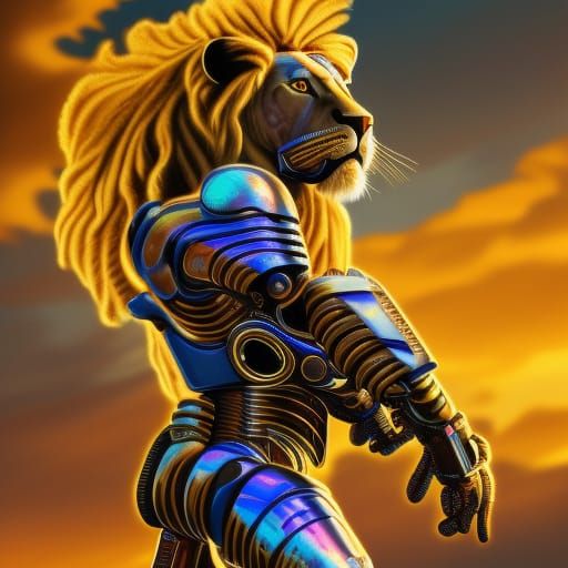 Cyborg Lion, beautiful, colorful, cosmic, futuristic, detailed, golden ...