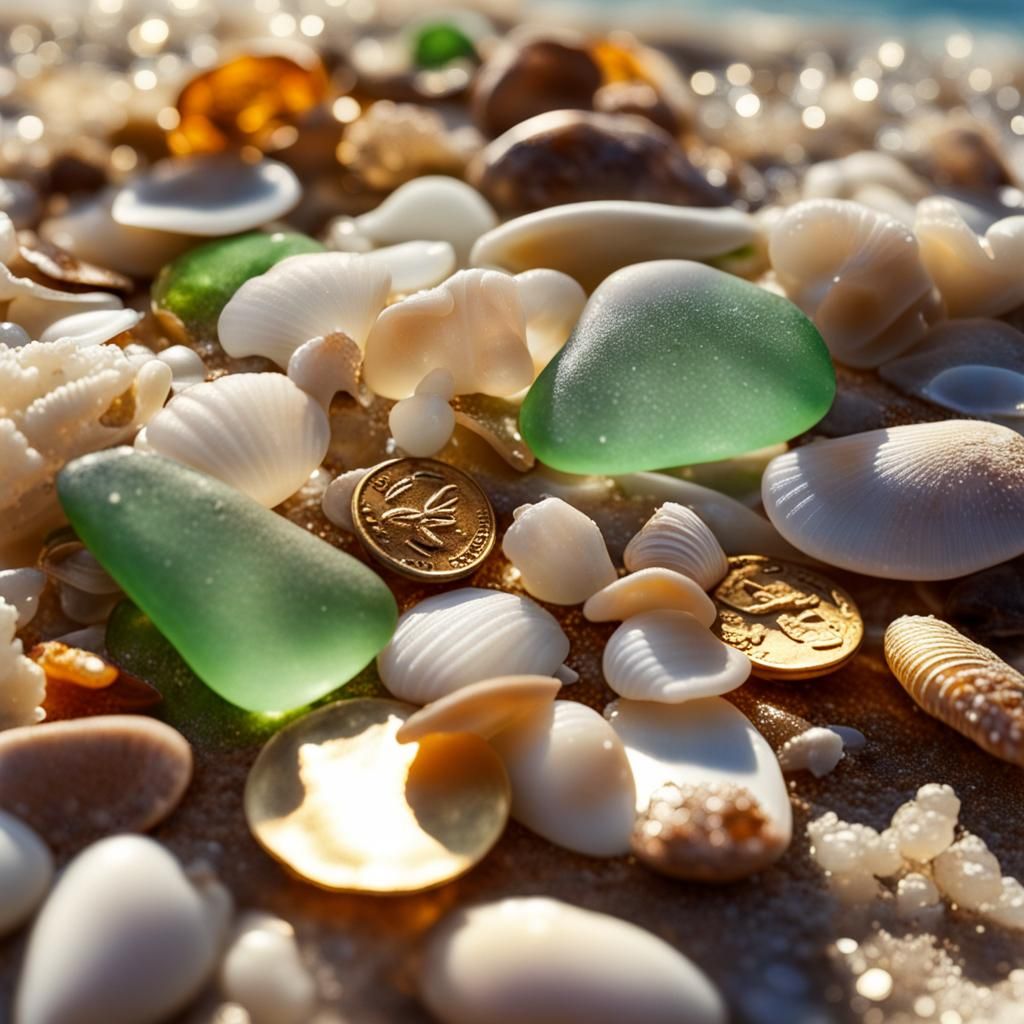 Coins, shells and seaglass treasures - AI Generated Artwork - NightCafe ...