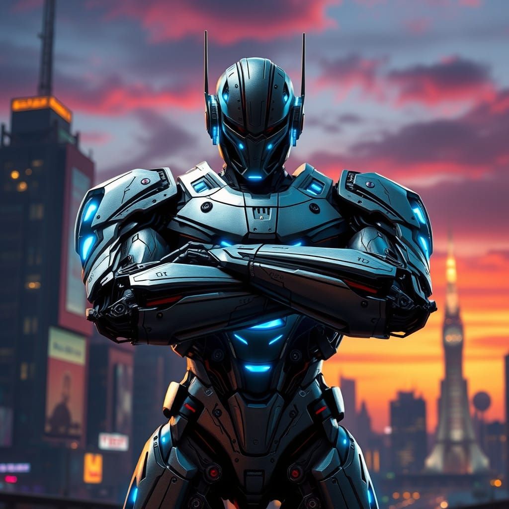 fighter AI - Cyberpunk Warrior Robot in Dystopian Cityscape
