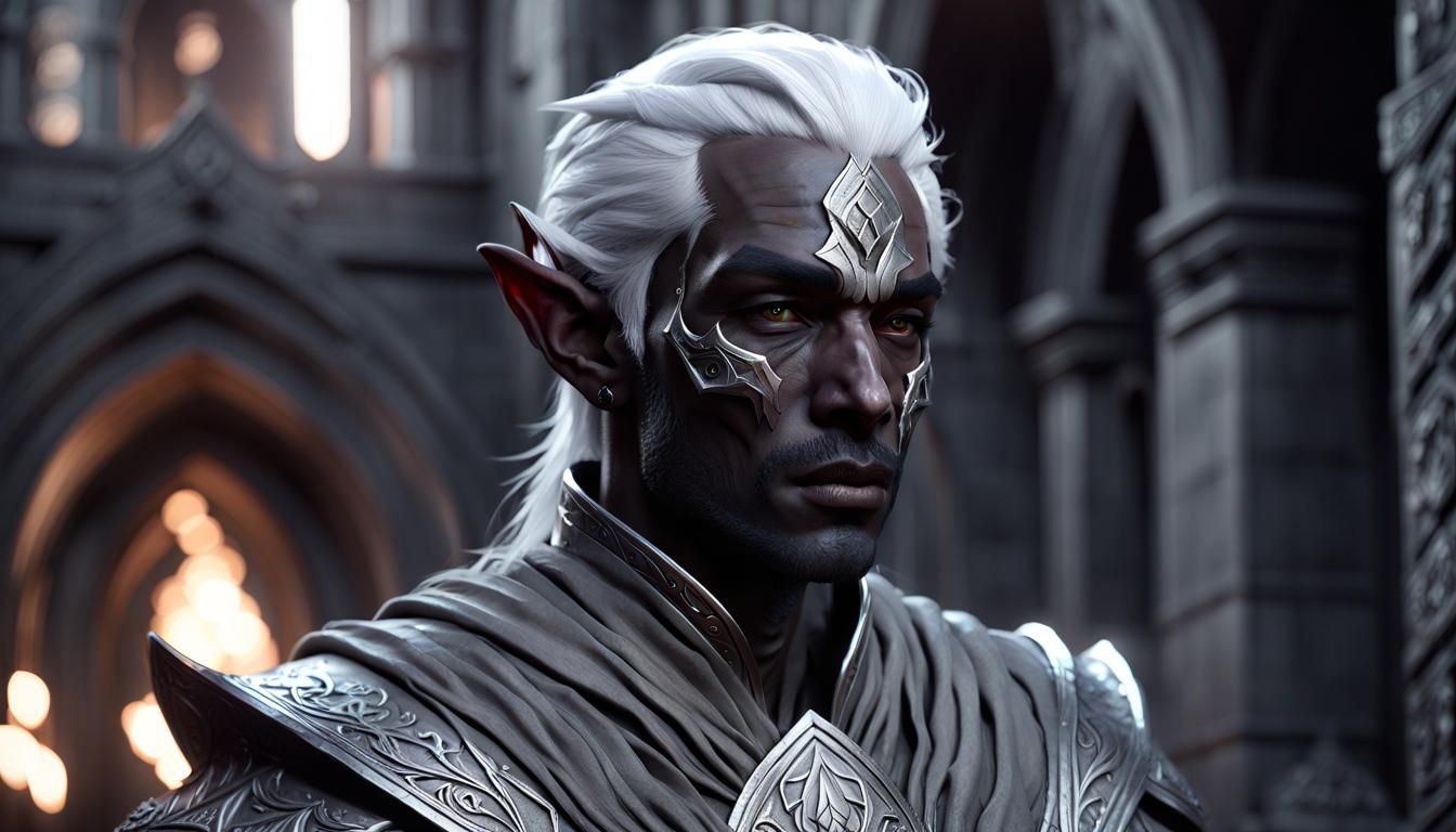 drow elf male, ashen grey skin, fantasy skin, pure white hair on dark ...