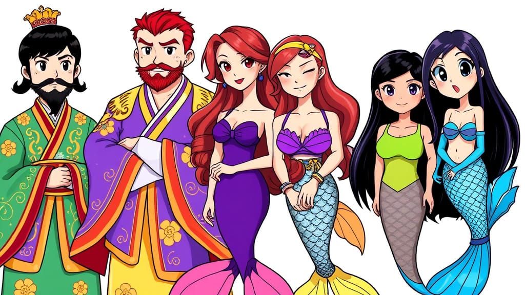 Mermen in Vibrant Emperor Robes and Traditional Ki... - AI Art