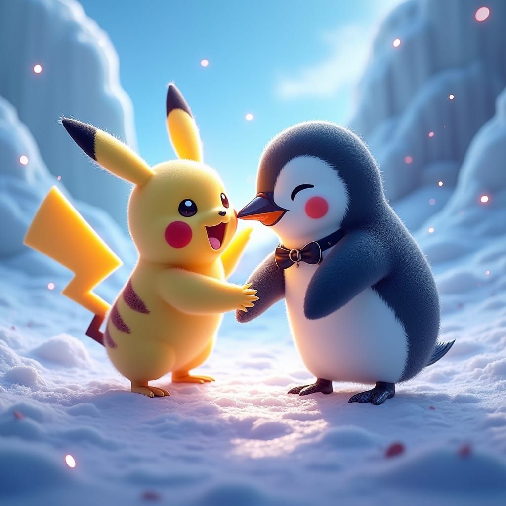 Pikachu playing with a penguin - Vibrant Winter Wonderland o...