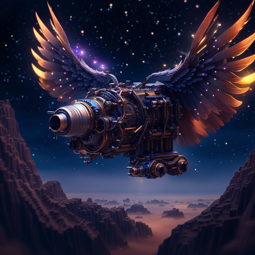 A man created a engine with wings to flying in the stars detailed matte ...