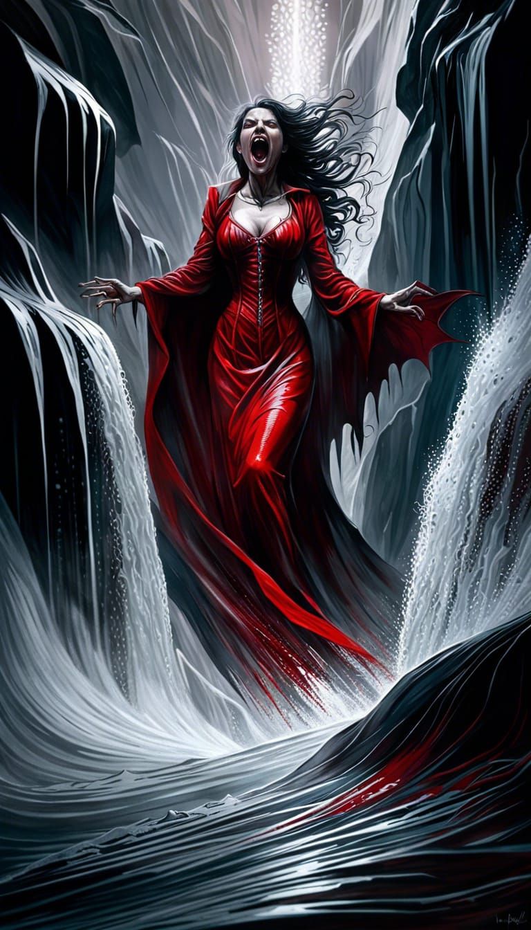 Vampire-yelling-in the underworld in a waterfall