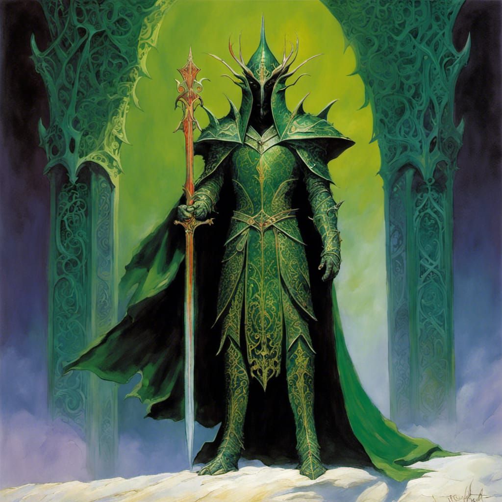 Sauron in green ornated elvish armour, elvish style, arabesque, by ...