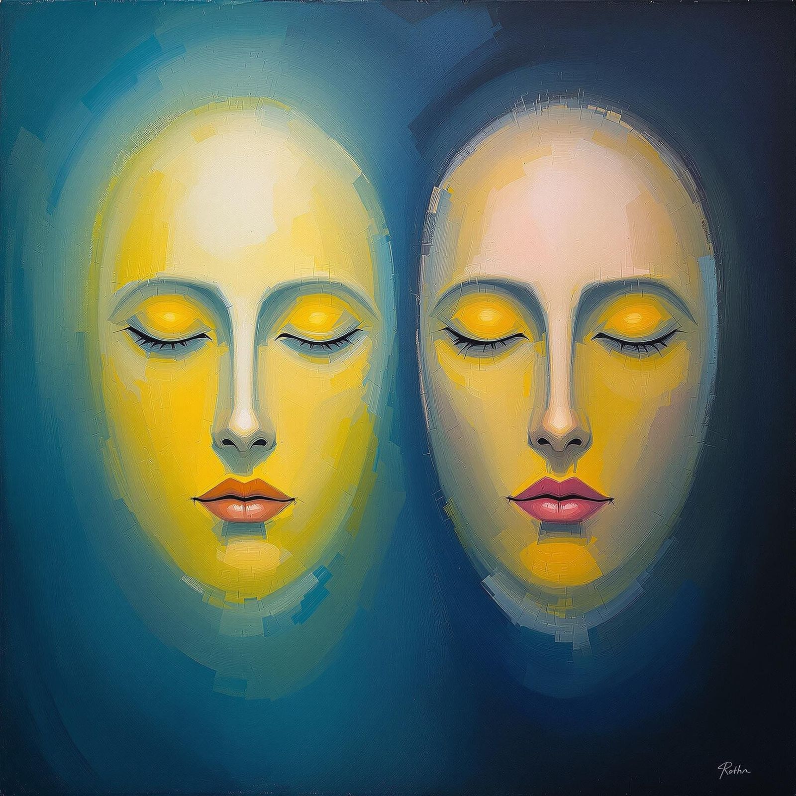 Two Serene Androgynous Faces in Soft Light - AI Art
