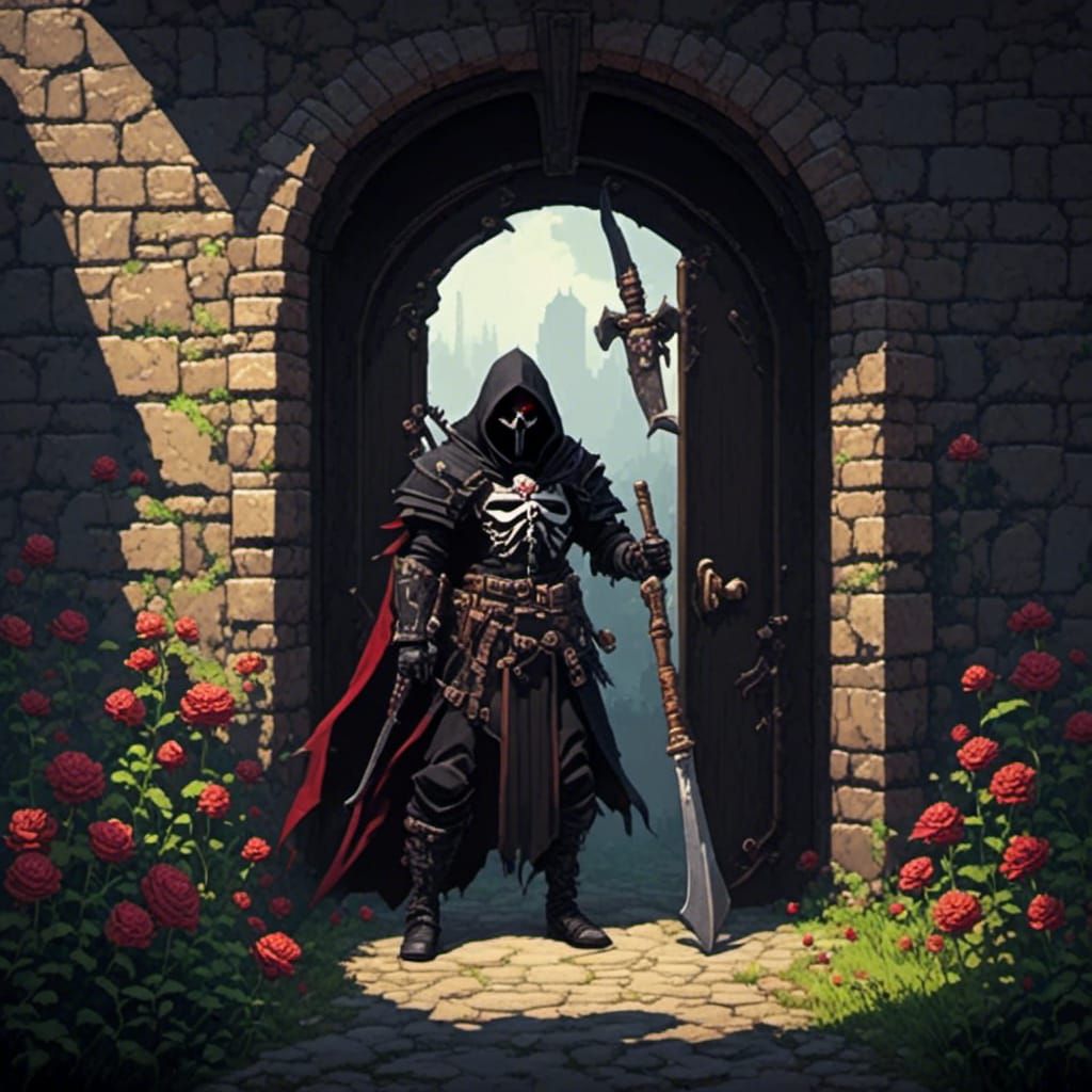 Grim Reaper standing in a passage in front of a closed door with his ...